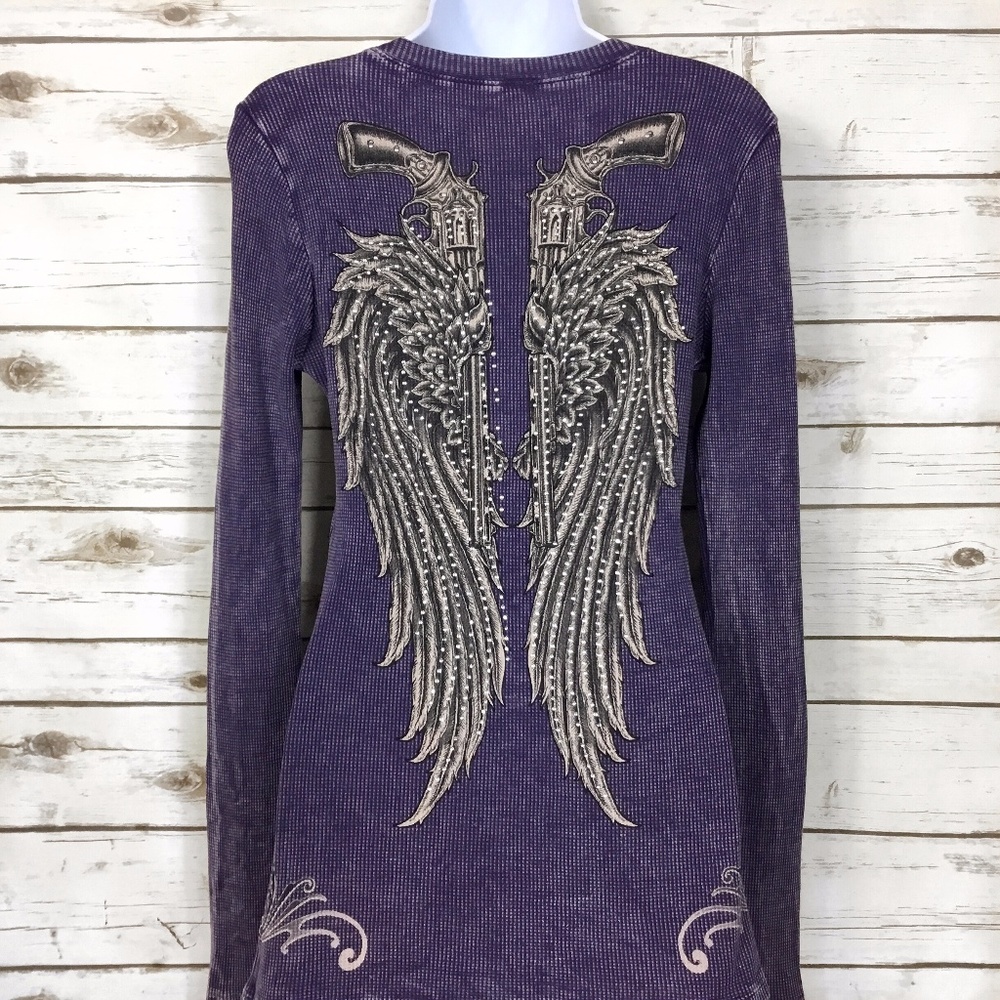 Rock & Rose Purple Angel Wings And Guns Bling Top - Gem